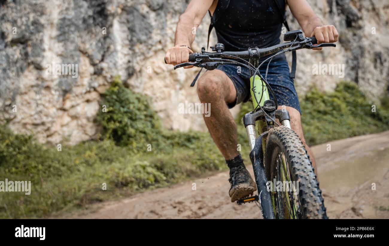 man caucasian male cyclist riding e-bike electric bicycle outdoor in ...