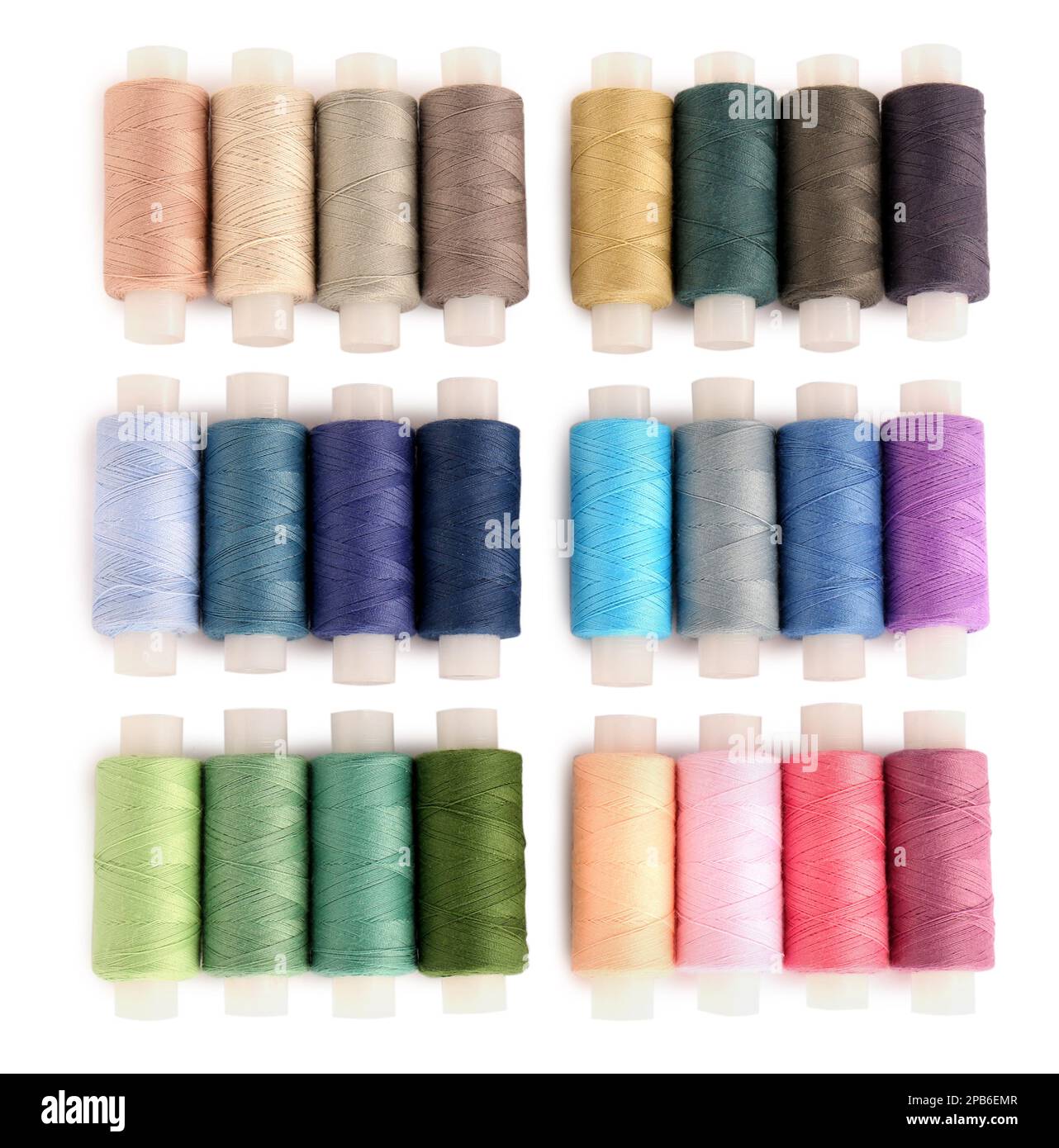 Set of colorful sewing threads on white background, top view Stock ...