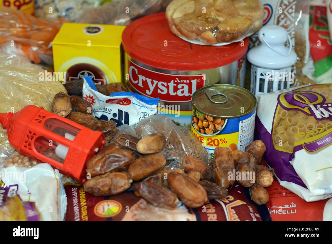 Cairo, Egypt, March 12 2023: Essential and basic food supplies oil ...