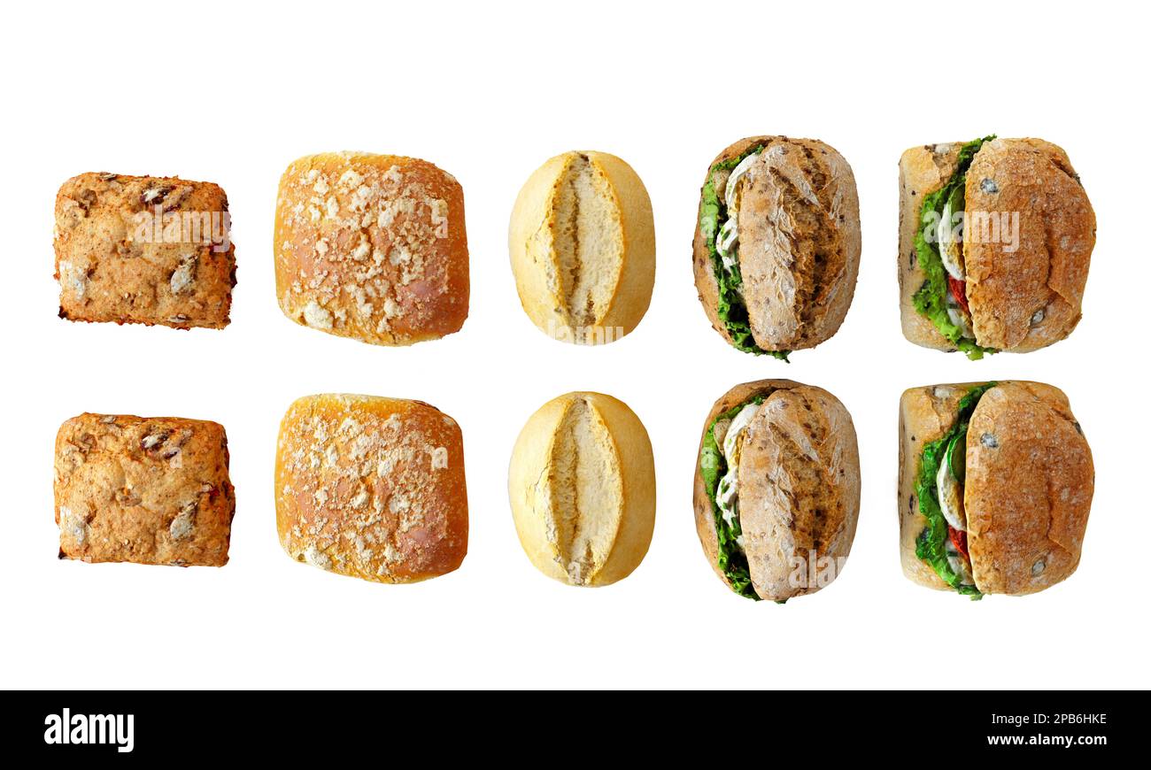 Top view of composition with bread, loaf, wholegrain sandwich isolated ...