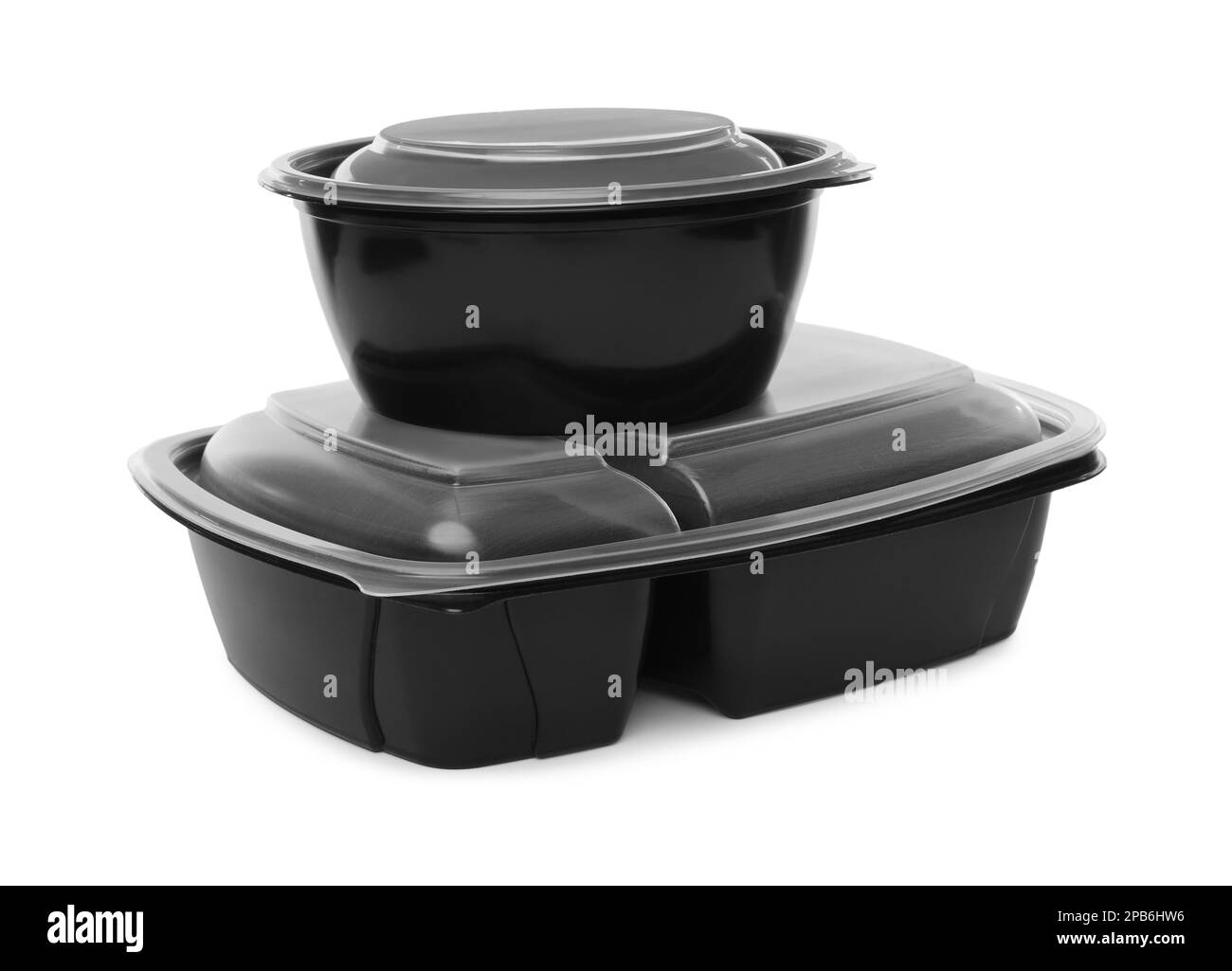 Empty plastic container and bowl for food on white background Stock ...