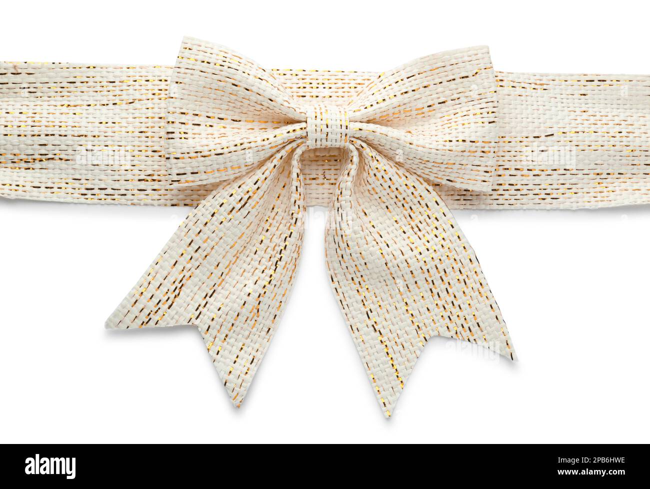 Burlap ribbon and bow with golden thread on white background, top view ...