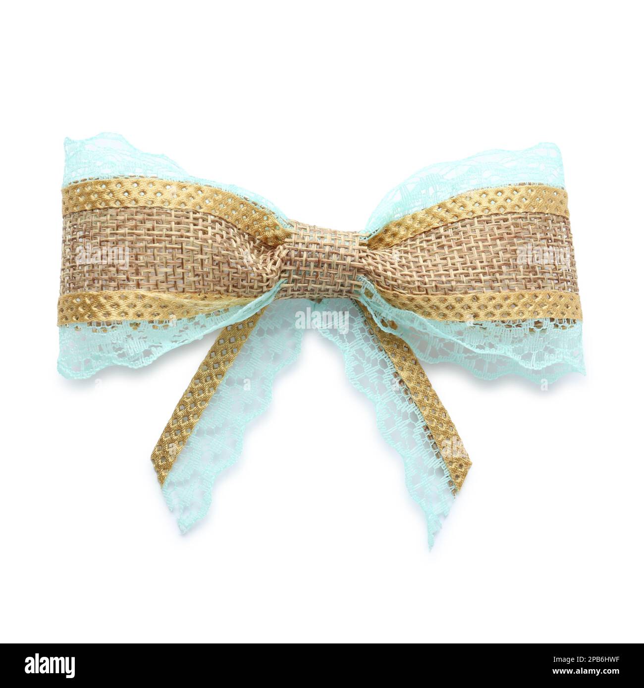 Pretty burlap bow with light blue lace isolated on white Stock Photo ...