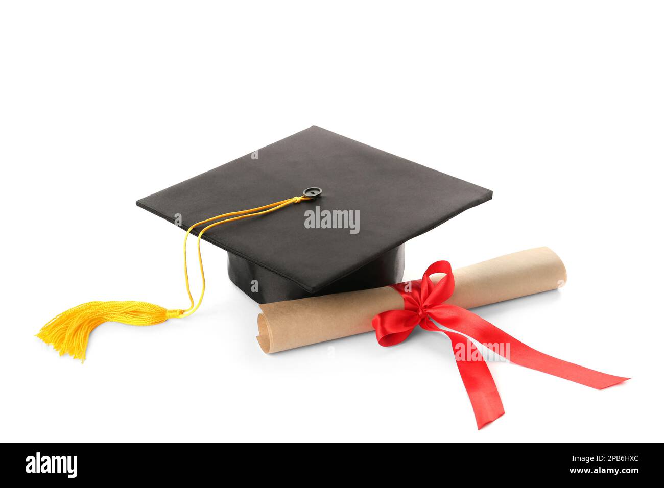 Graduation hat and diploma on white background Stock Photo - Alamy