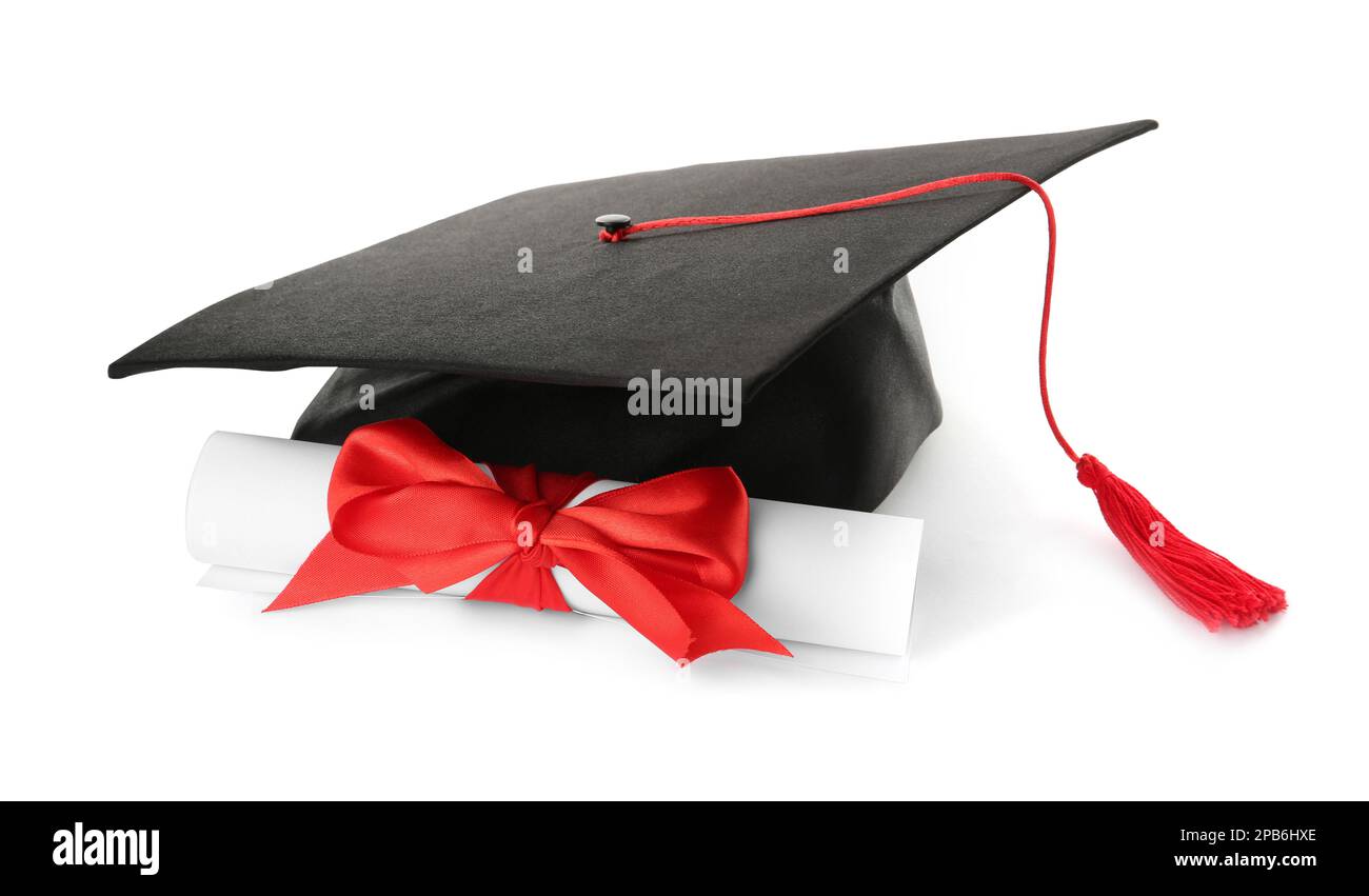 Graduation hat and diploma on white background Stock Photo - Alamy