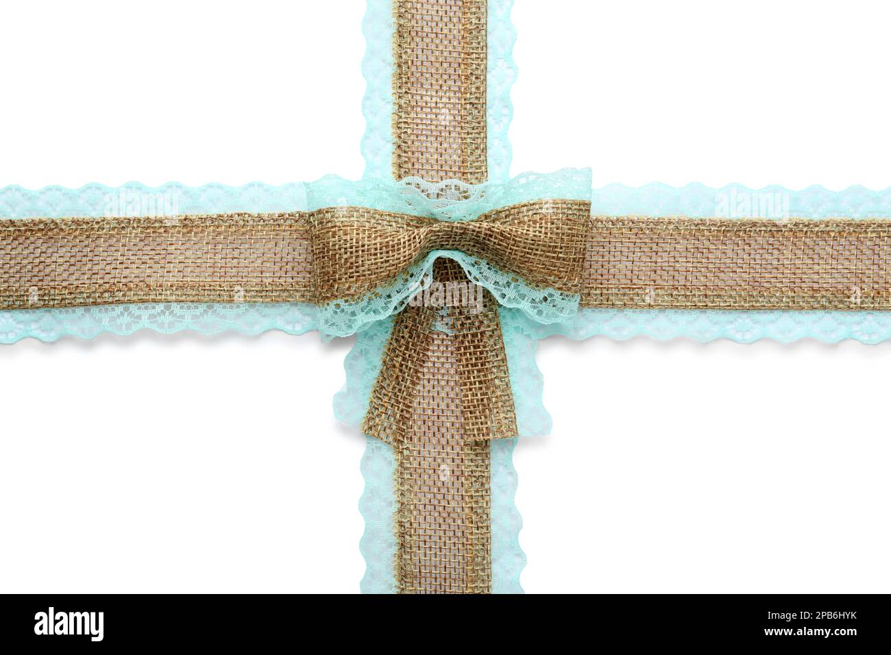 Burlap ribbons and bow with light blue lace on white background, top ...