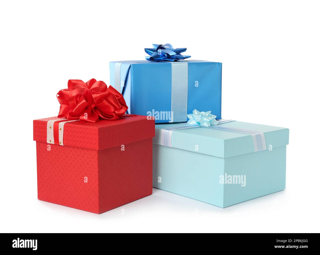 Colorful gift boxes with bows on white background Stock Photo - Alamy