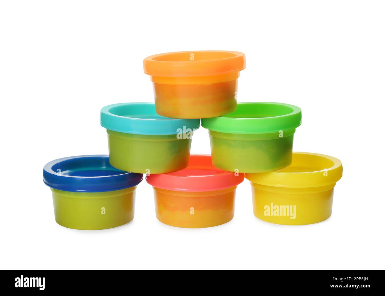 Plastic containers with colorful play dough on white background Stock ...