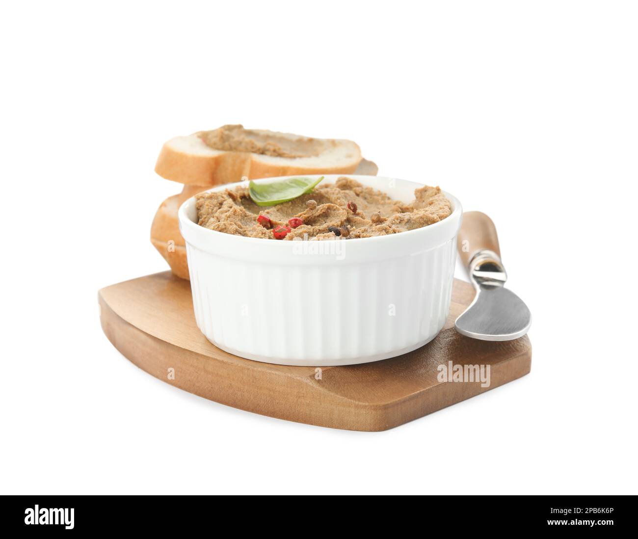 Delicious meat pate with spices, fresh bread and knife on white ...