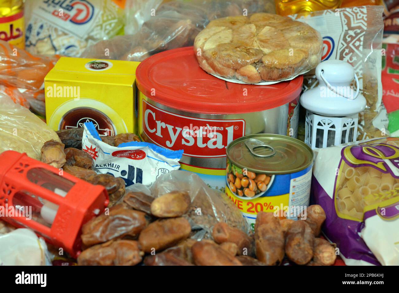 Cairo, Egypt, March 12 2023: Essential and basic food supplies oil ...
