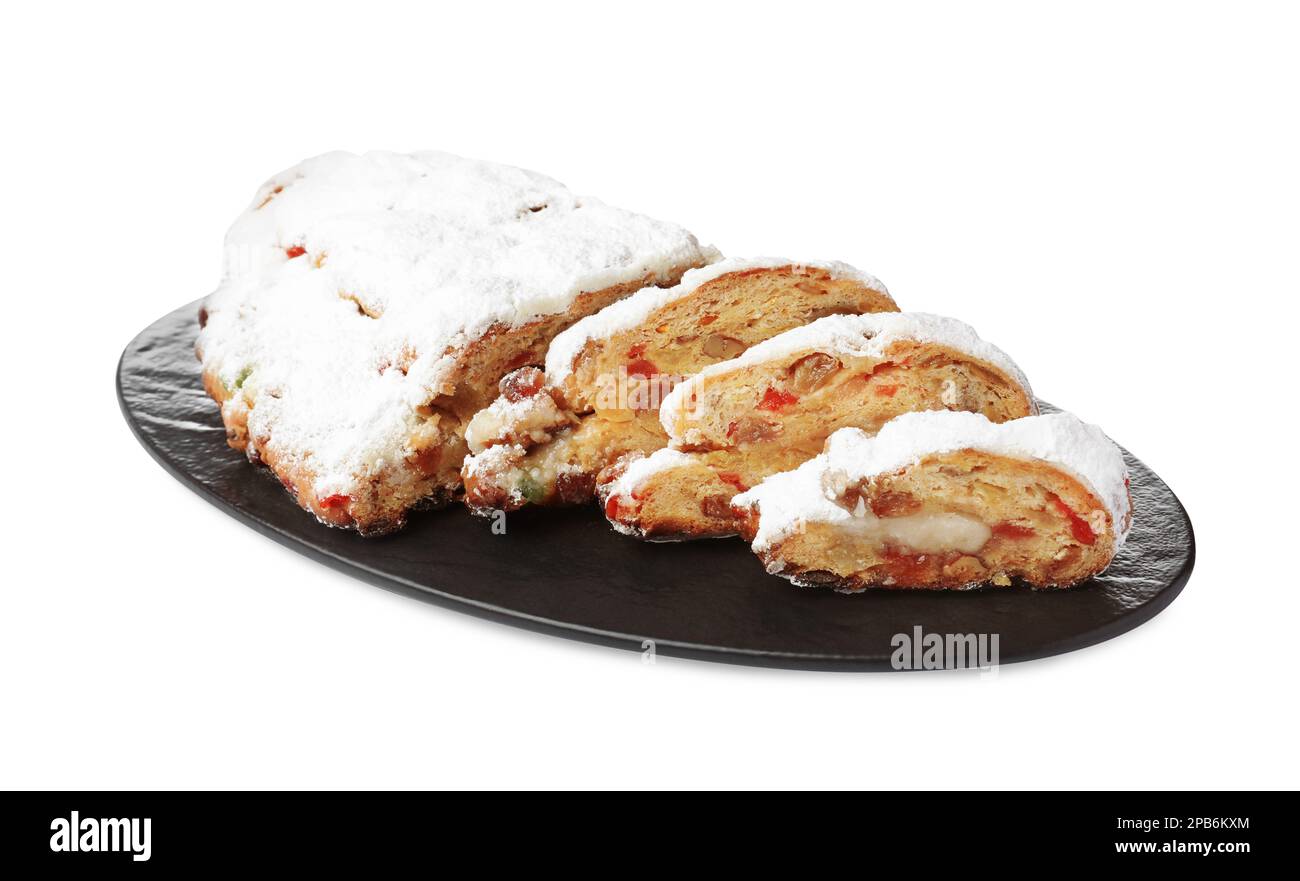 Traditional Christmas Stollen with icing sugar on white background ...