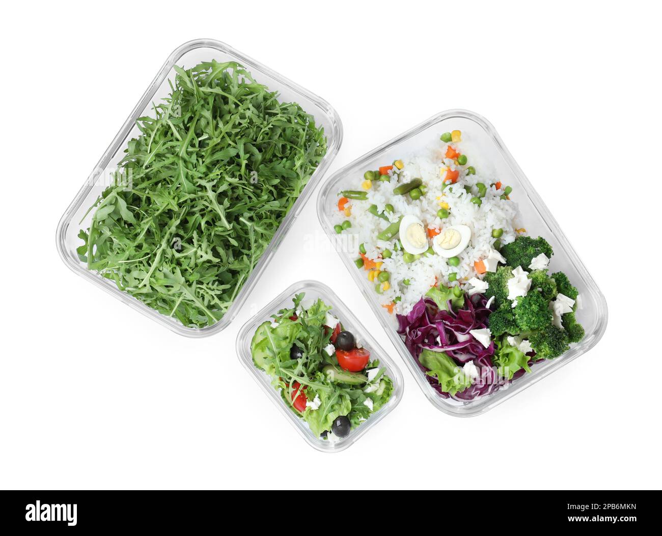 Glass containers with fresh food on white background, top view Stock ...