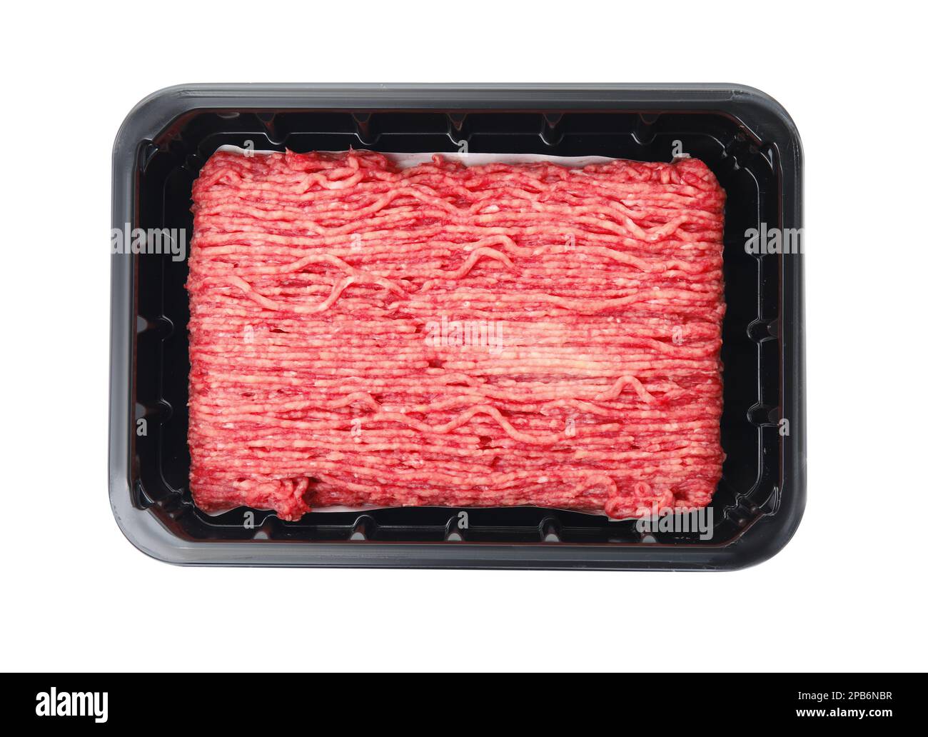Plastic container with minced meat isolated on white, top view Stock ...