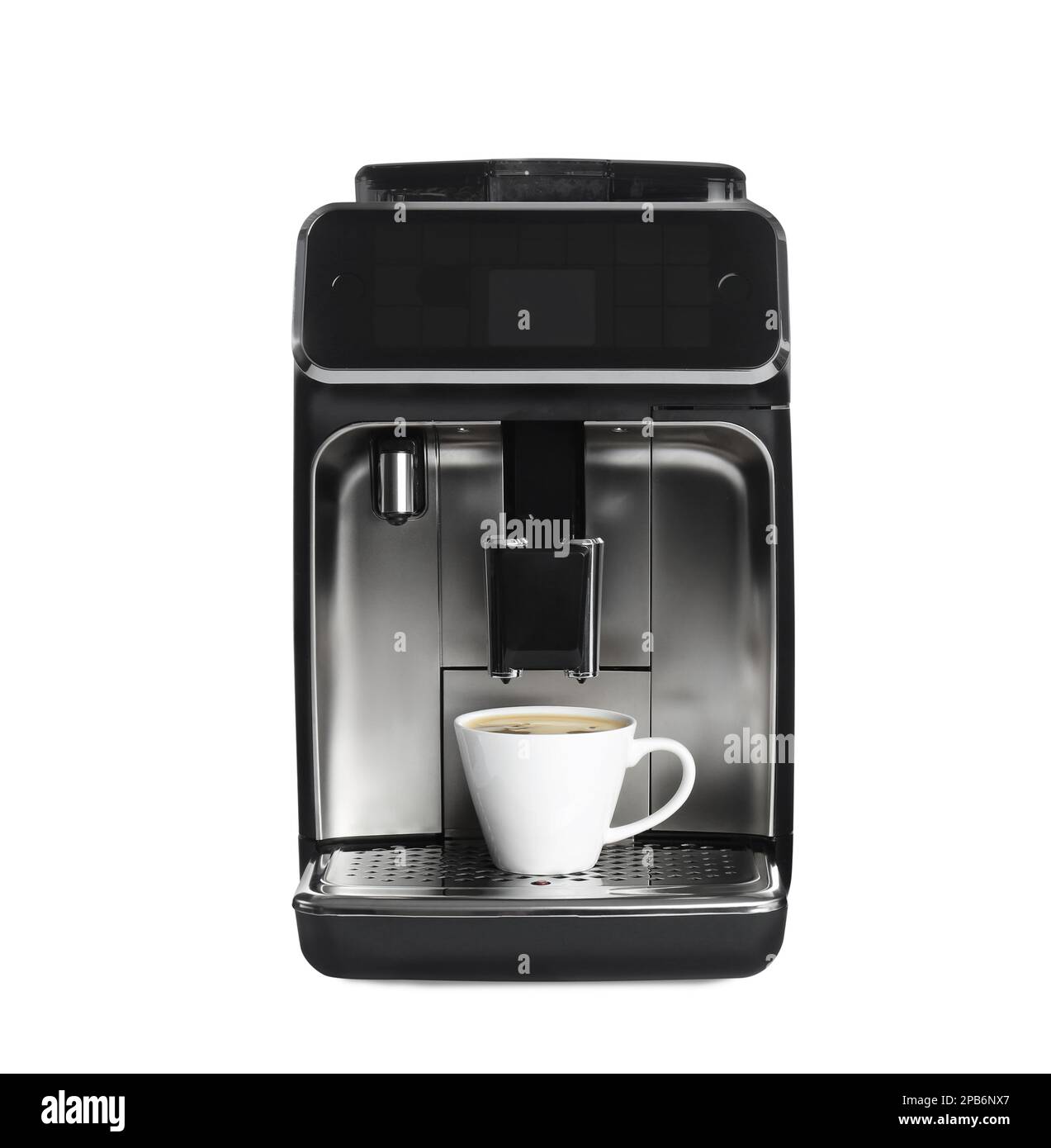 Modern espresso machine with cup of coffee isolated on white Stock ...