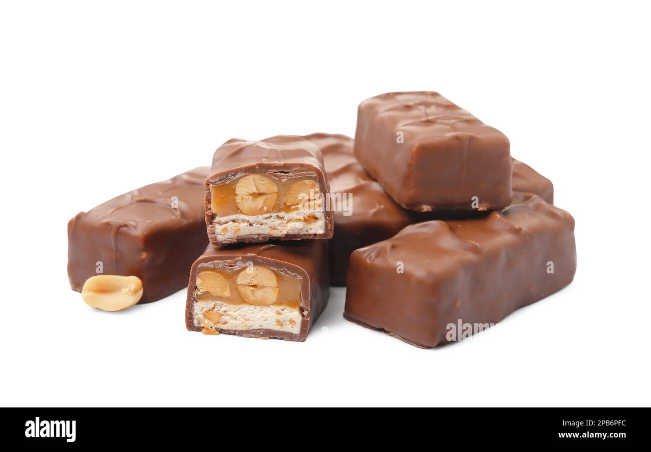Chocolate bars with caramel, nuts and nougat isolated on white Stock ...