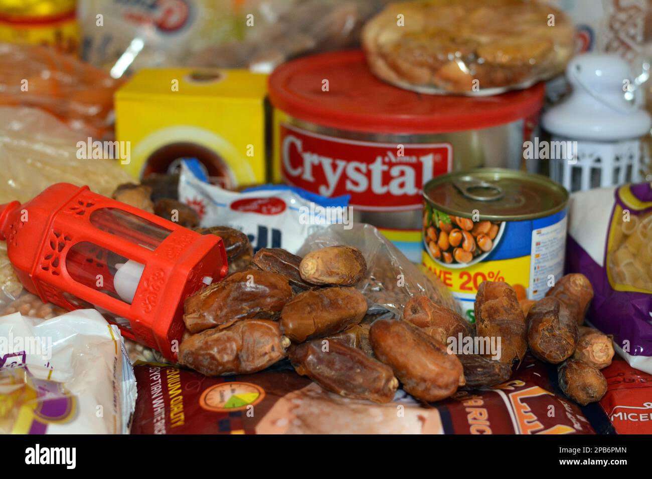 Cairo, Egypt, March 12 2023: Essential and basic food supplies oil ...