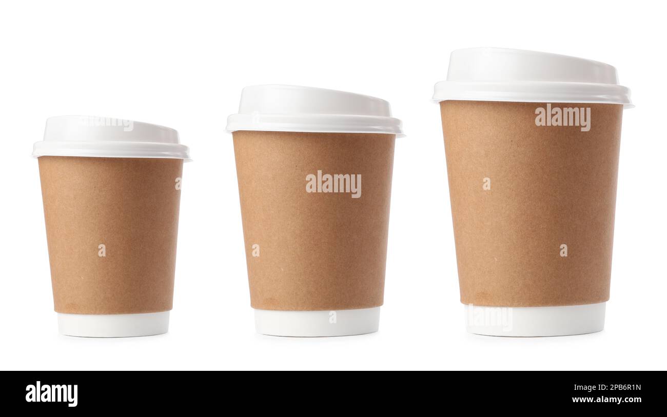 Paper coffee cups of different sizes on white background, collage Stock ...