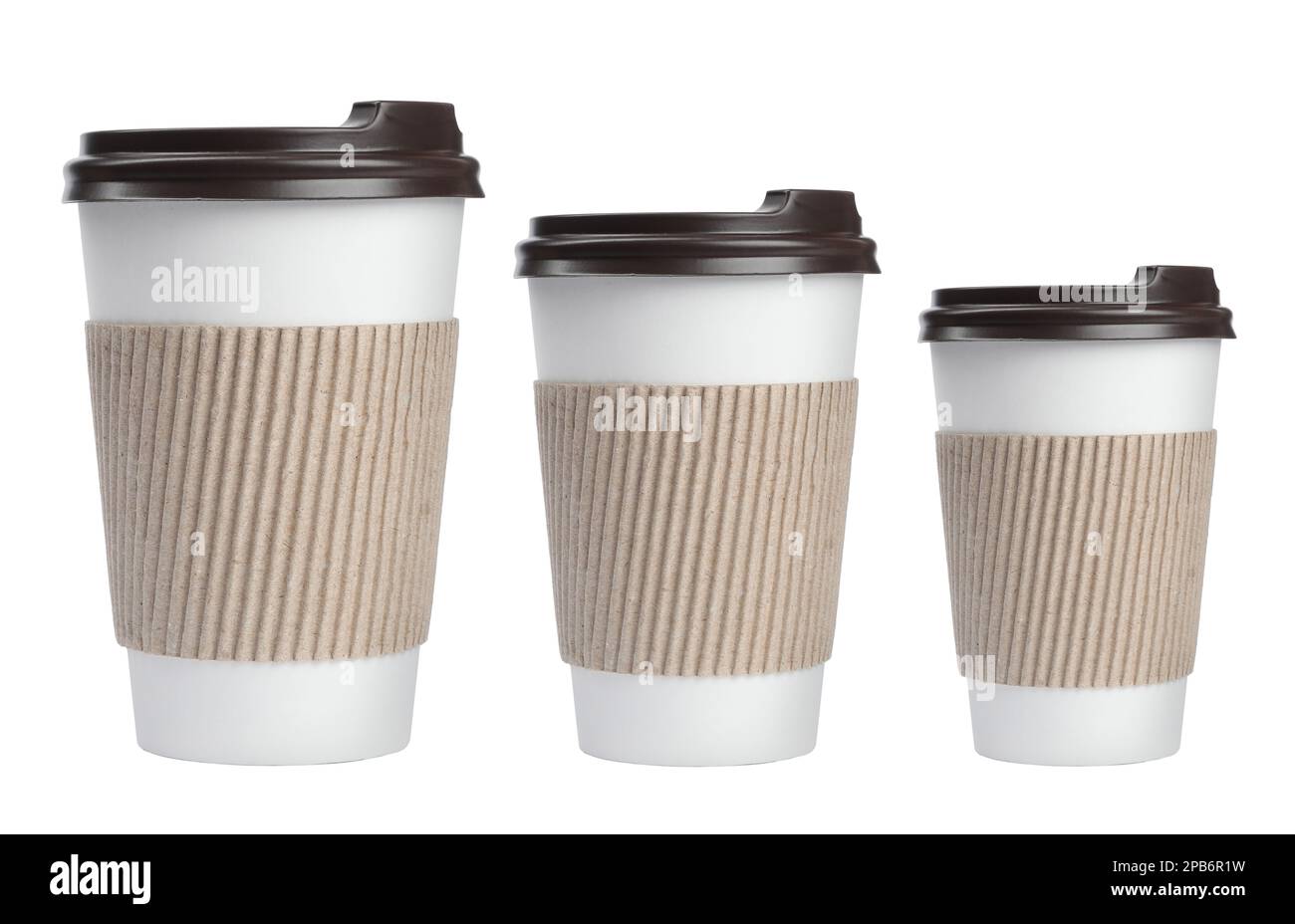 Paper coffee cups of different sizes on white background, collage Stock ...