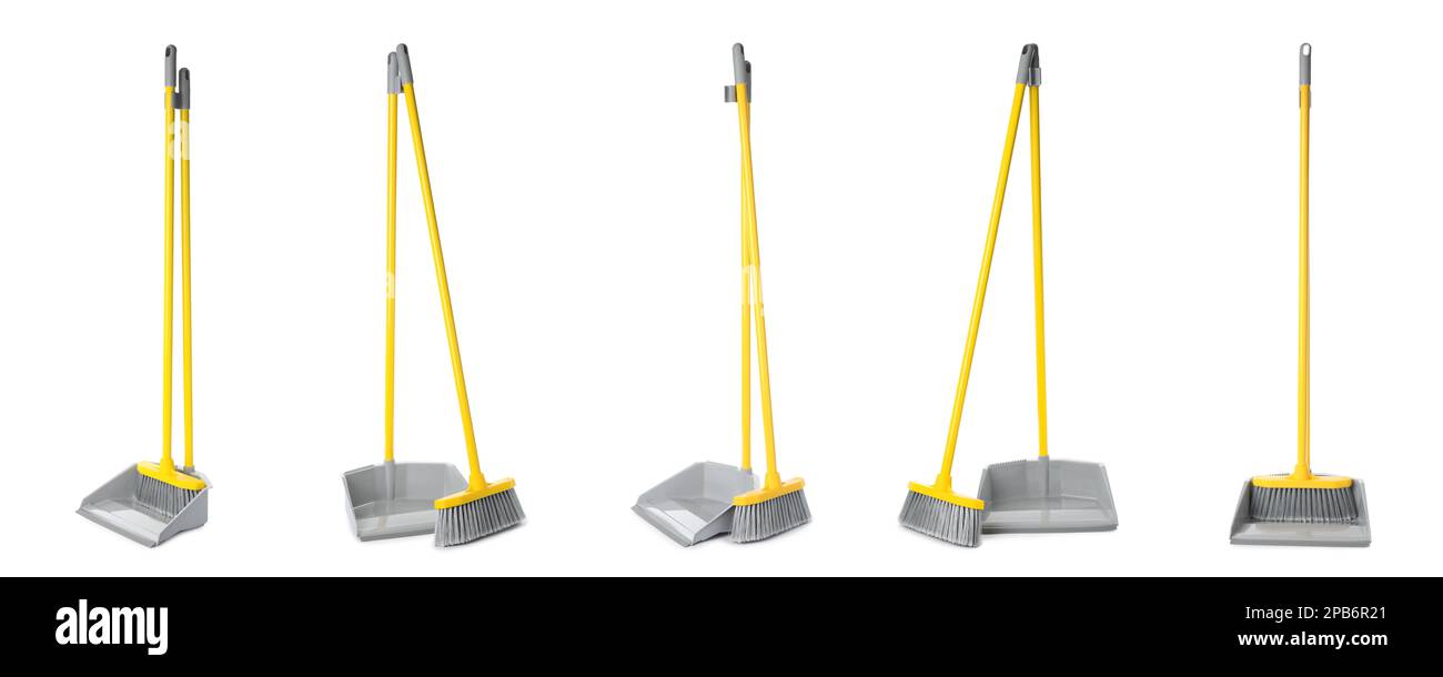 Set with plastic brooms and dustpans on white background. Banner design ...