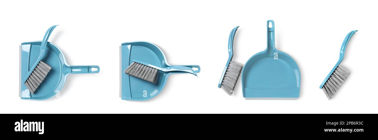 Set with plastic hand brooms and dustpans on white background, top view ...
