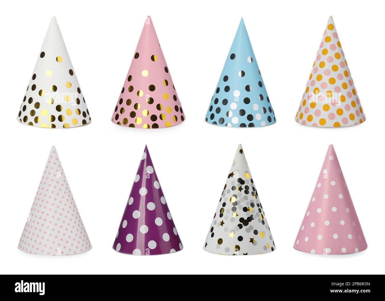 Set with different party hats on white background Stock Photo - Alamy