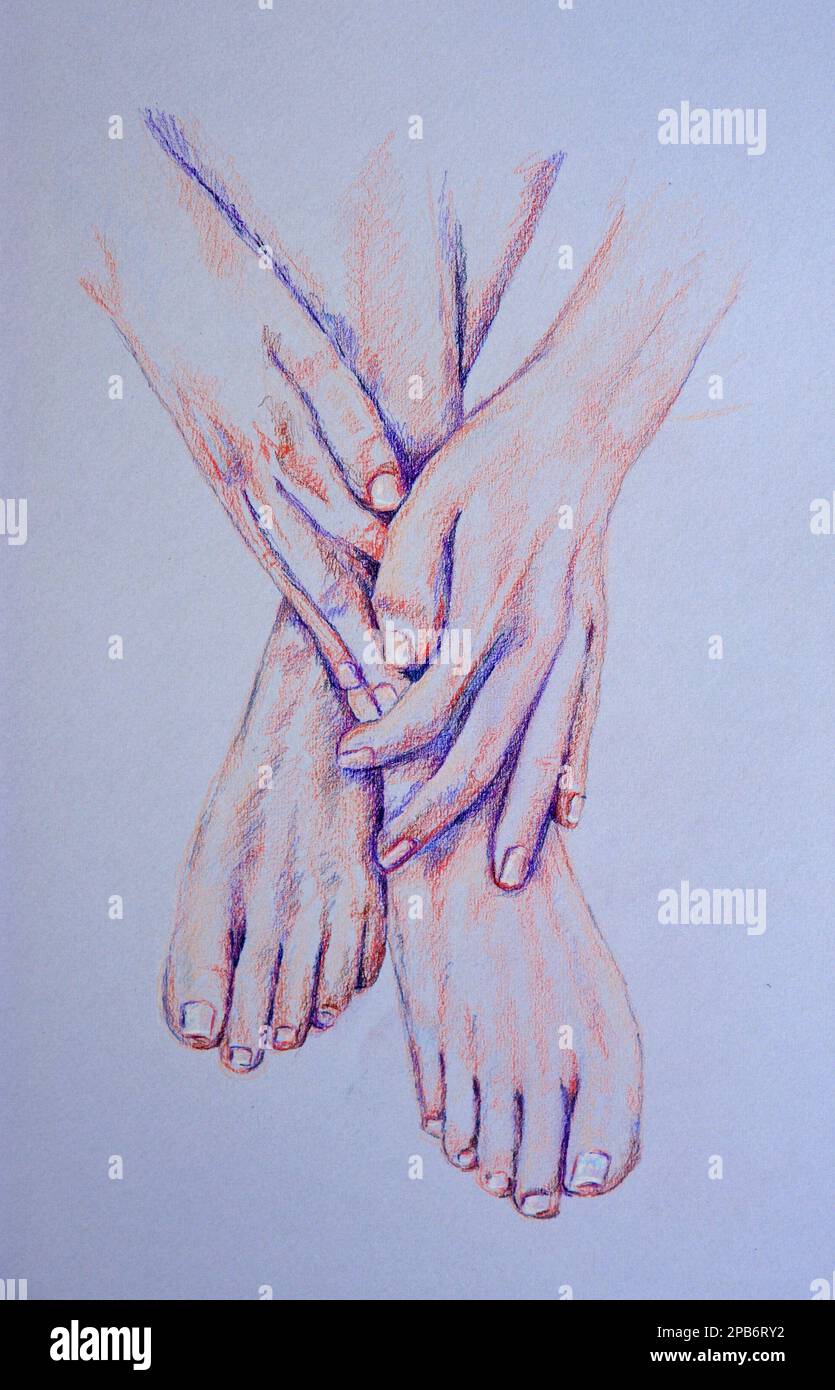 Drawing of Hands and Feet in coloured pencil Stock Photo - Alamy