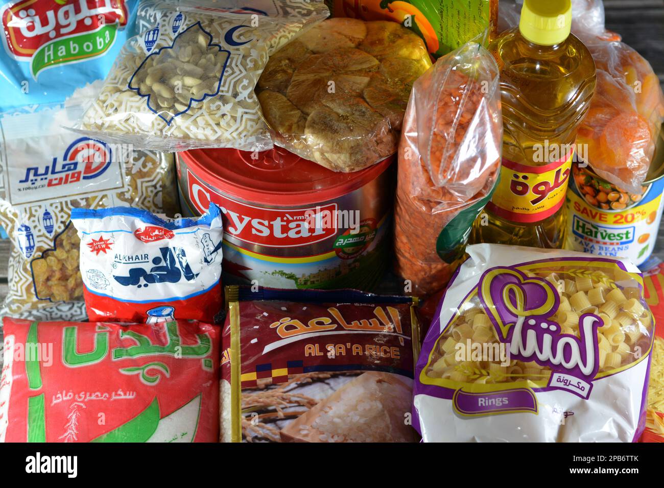 Cairo, Egypt, March 12 2023: Essential and basic food supplies oil ...