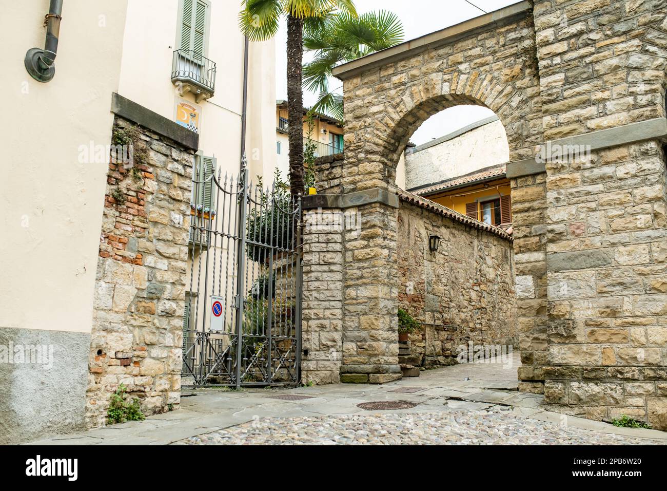 Narrow medieval streets of Bergamo city northeast of Milan. Scenic ...