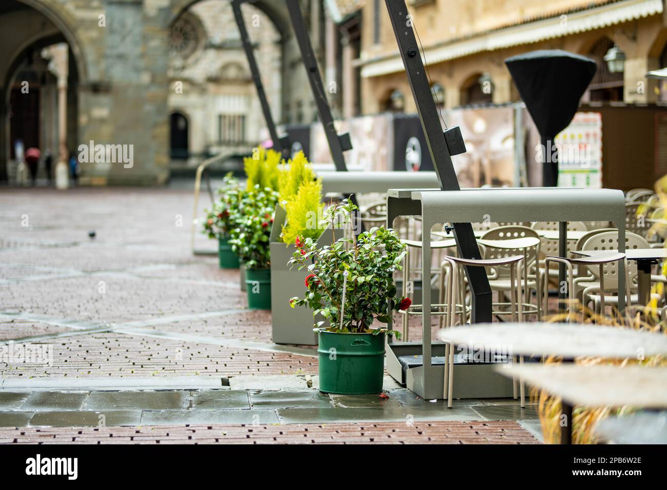 Empty small outdoor restaurant tables decorated with rose bushes in ...