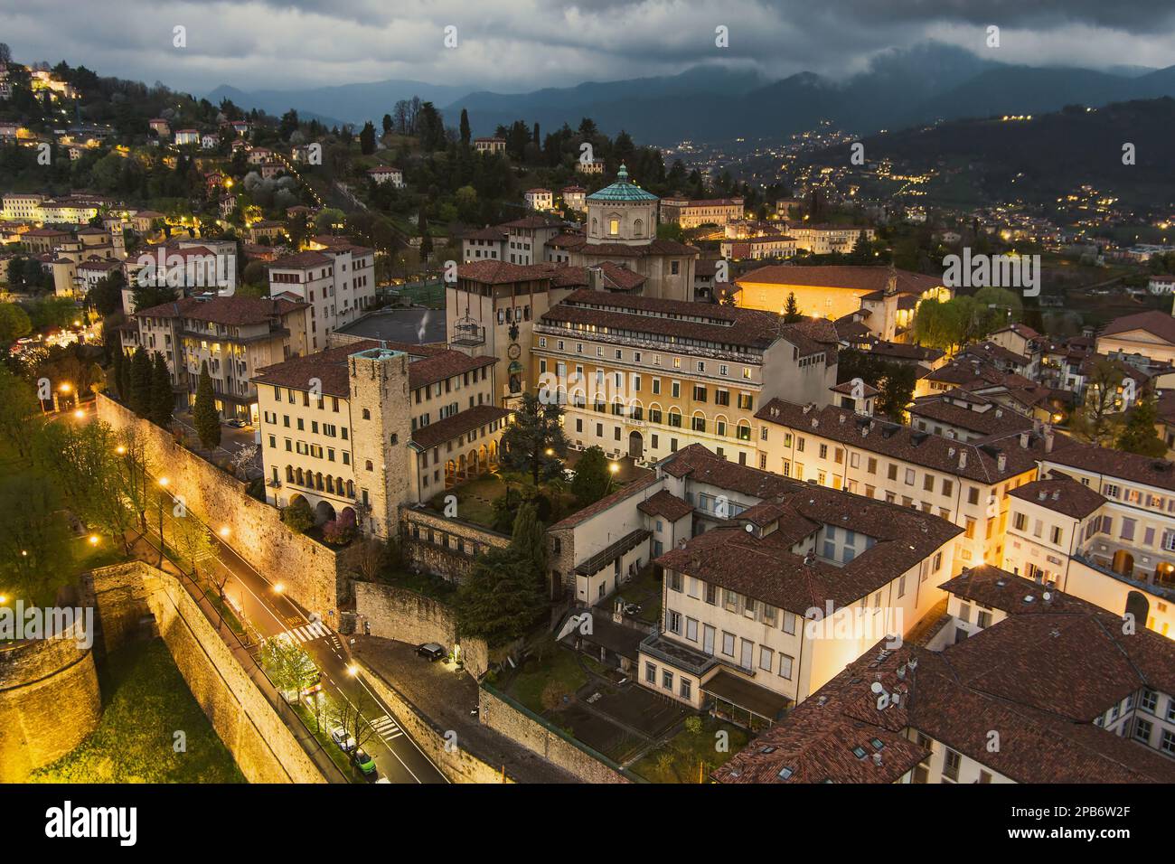 Scenic aerial view of Bergamo city northeast of Milan, on cloudy ...