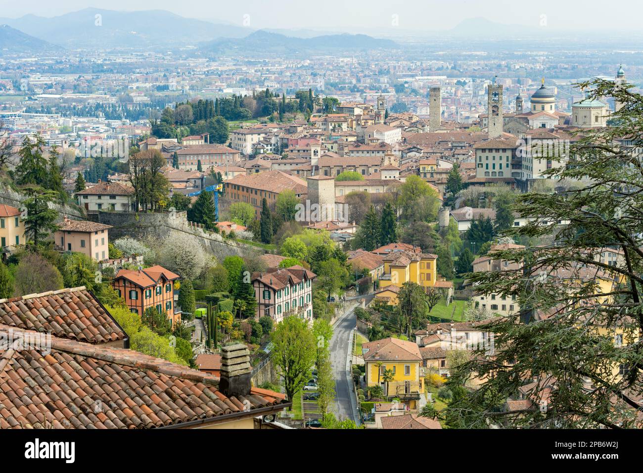 Scenic view of Bergamo city northeast of Milan. Citta Alta, town's ...
