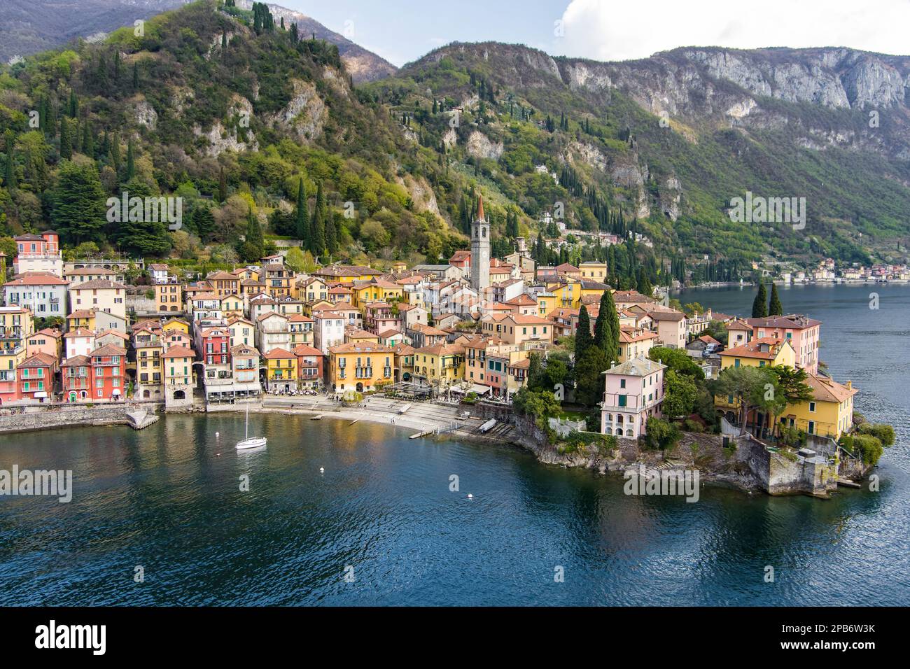 Beautiful aerial waterfront cityscape of Varenna, one of the most ...
