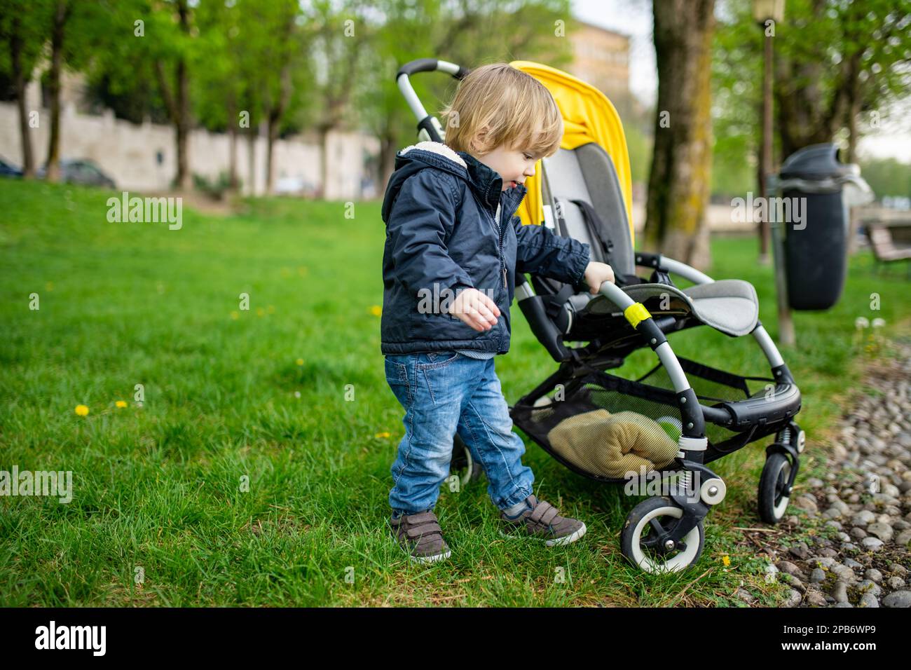 Sweet toddler boy sitting in a stroller outdoors. Little child in pram ...