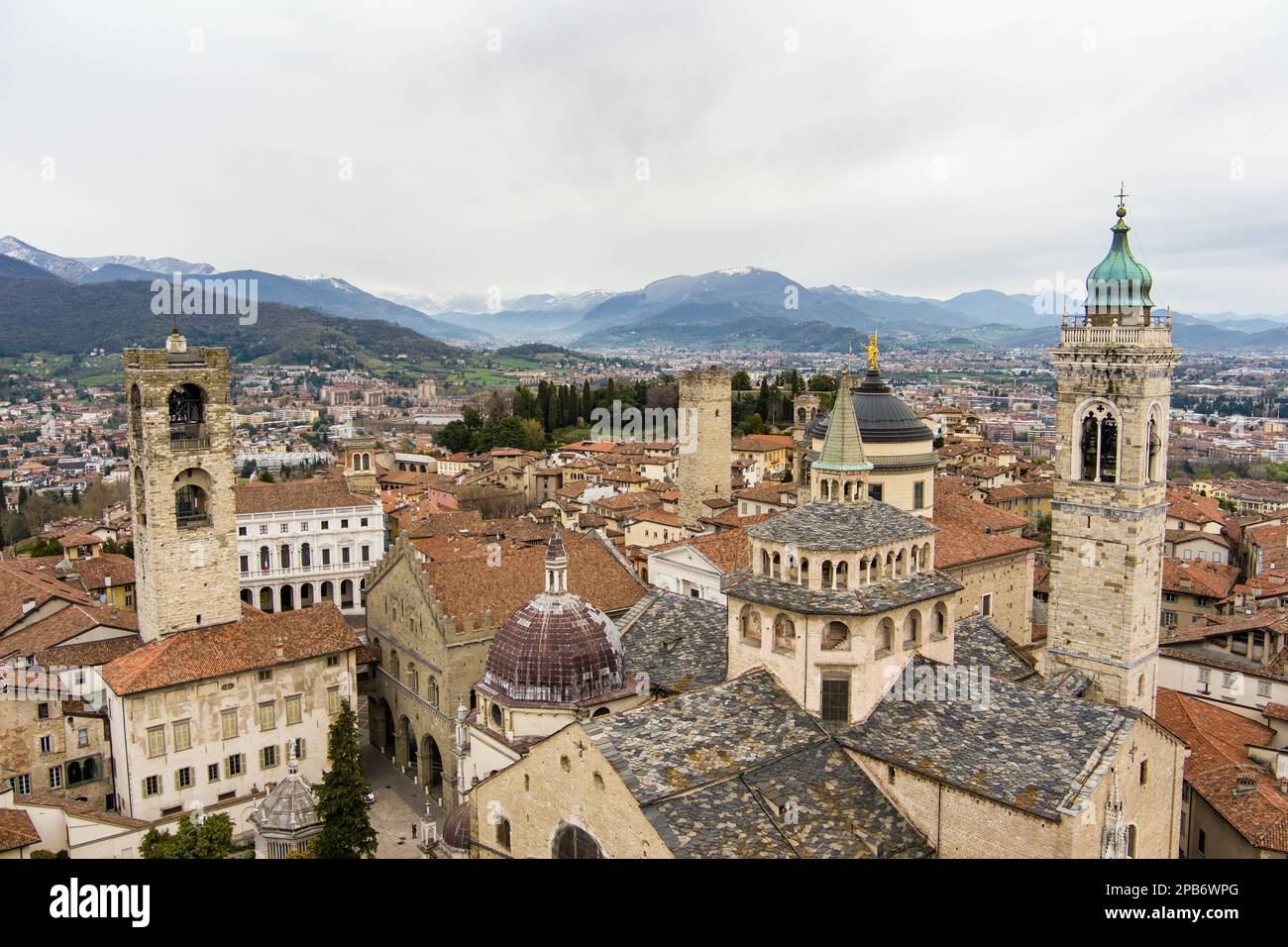 Scenic aerial view of Bergamo city northeast of Milan. Flying over ...