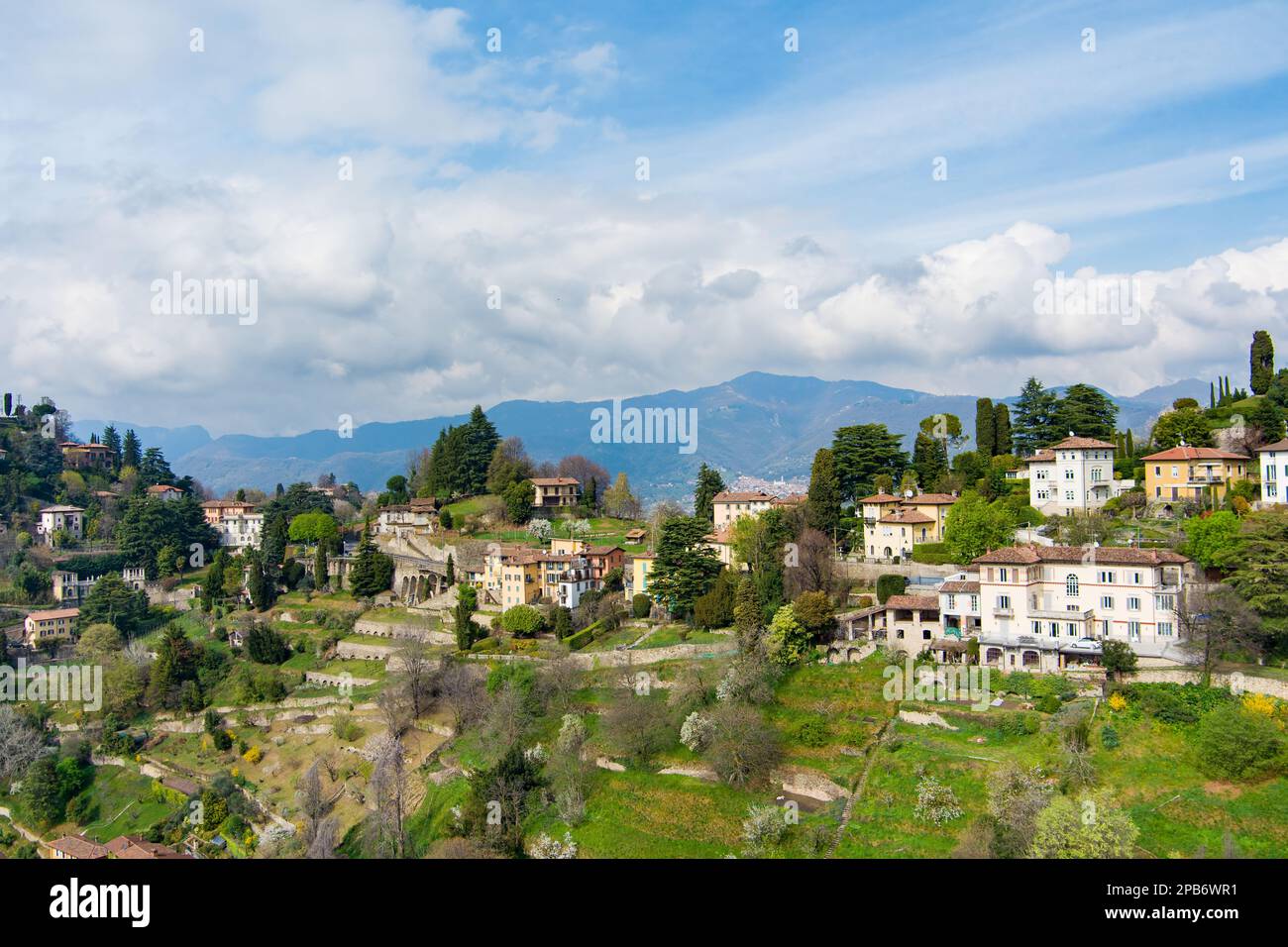 Scenic aerial view of Bergamo city northeast of Milan. Flying over ...