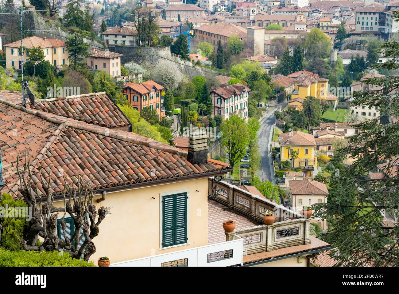 Scenic view of Bergamo city northeast of Milan. Citta Alta, town's ...