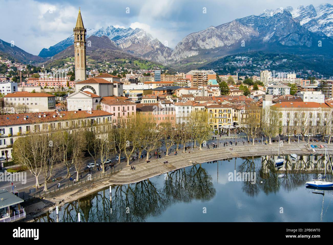 Sunny aerial cityscape of Lecco town on spring day. Picturesque ...
