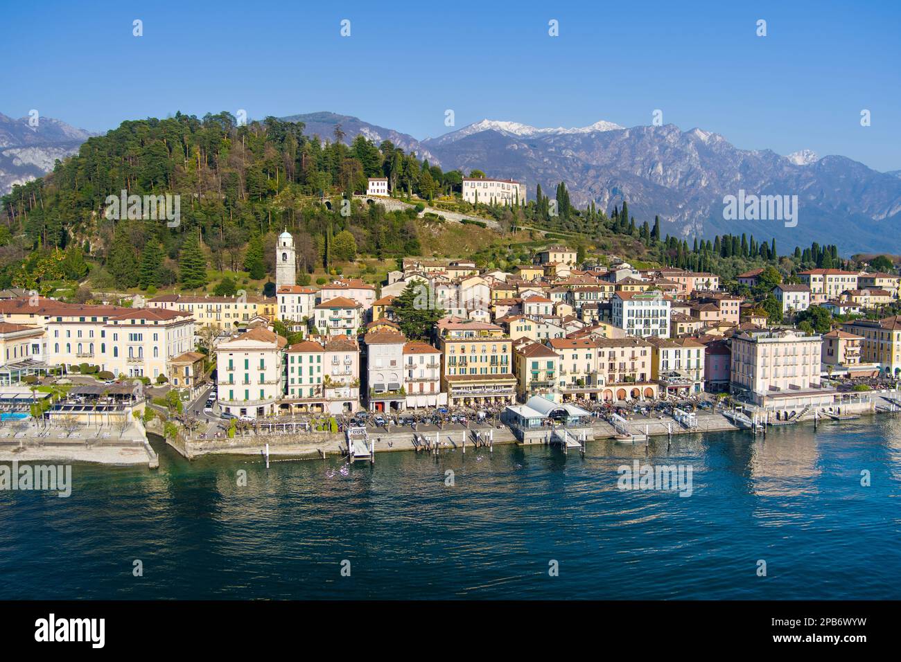 Aerial waterfront cityscape of Bellagio, one of the most picturesque ...