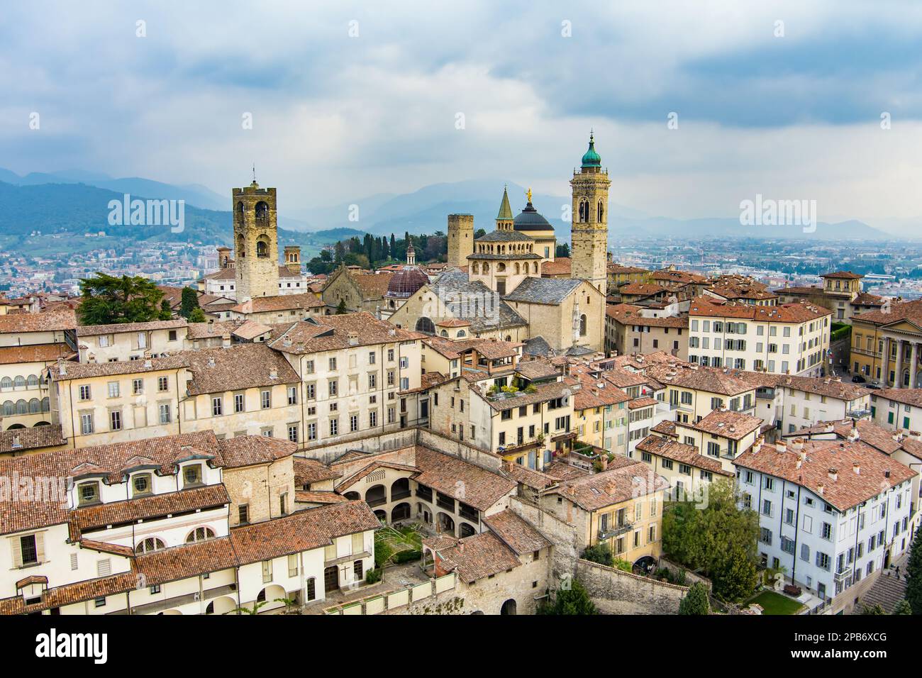 Scenic aerial view of Bergamo city northeast of Milan. Flying over ...
