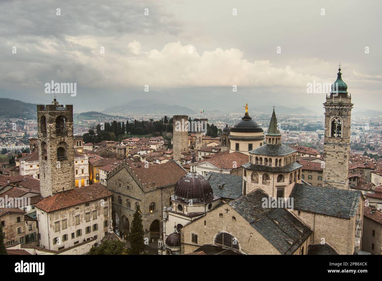 Scenic aerial view of Bergamo city northeast of Milan, on cloudy ...