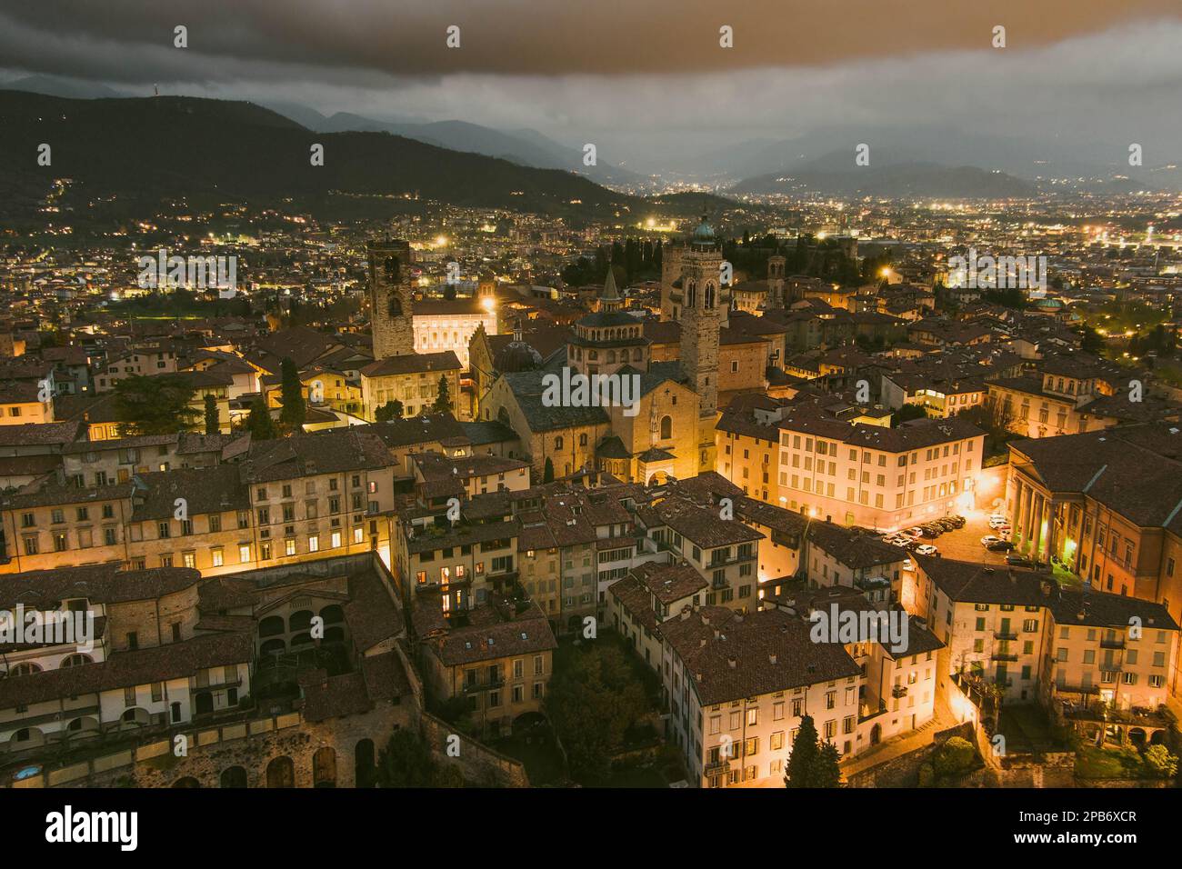 Scenic aerial view of Bergamo city northeast of Milan, on cloudy ...