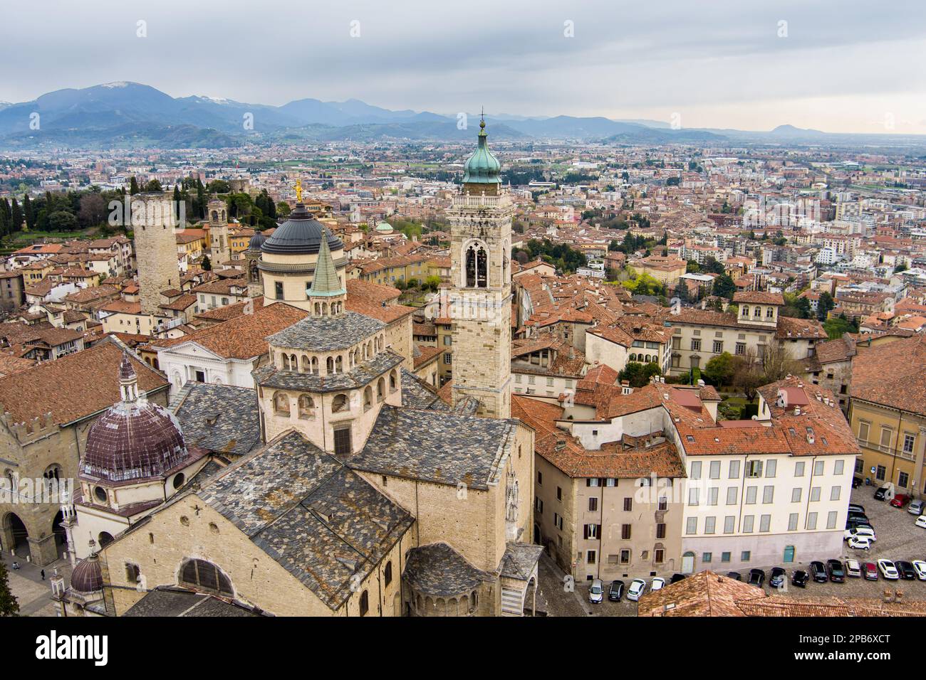 Scenic aerial view of Bergamo city northeast of Milan. Flying over ...