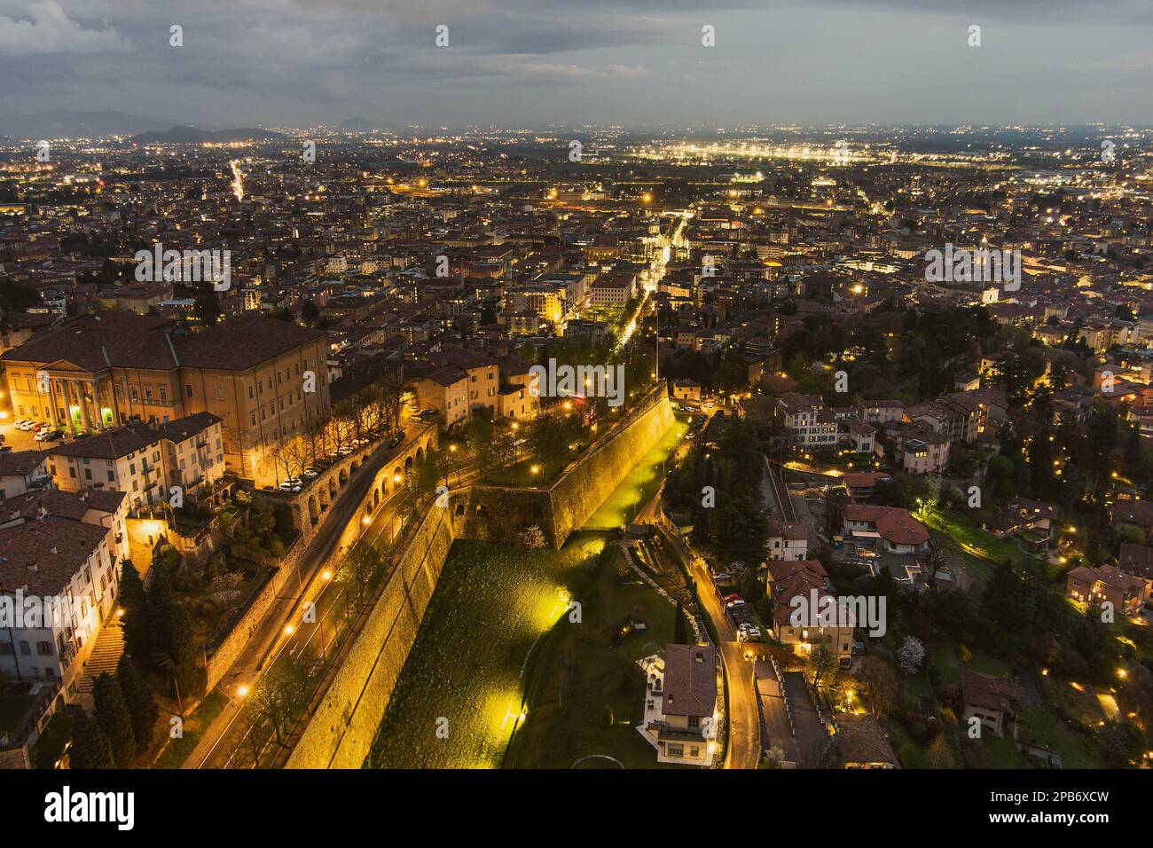 Scenic aerial view of Bergamo city northeast of Milan, on cloudy ...