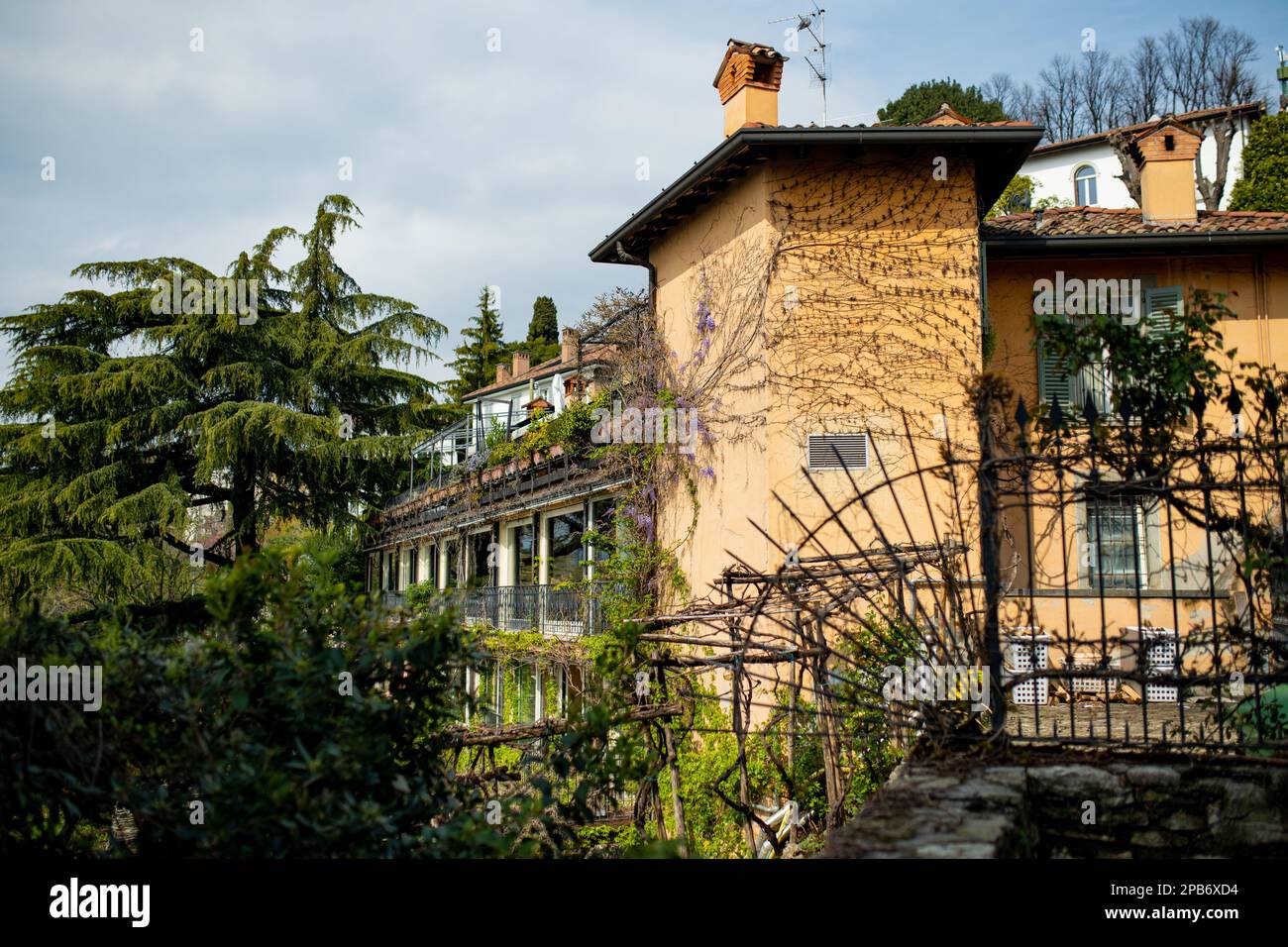Narrow medieval streets of Bergamo city northeast of Milan. Scenic ...