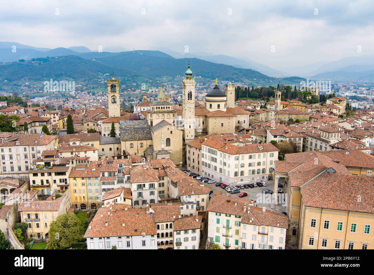 Scenic aerial view of Bergamo city northeast of Milan. Flying over ...