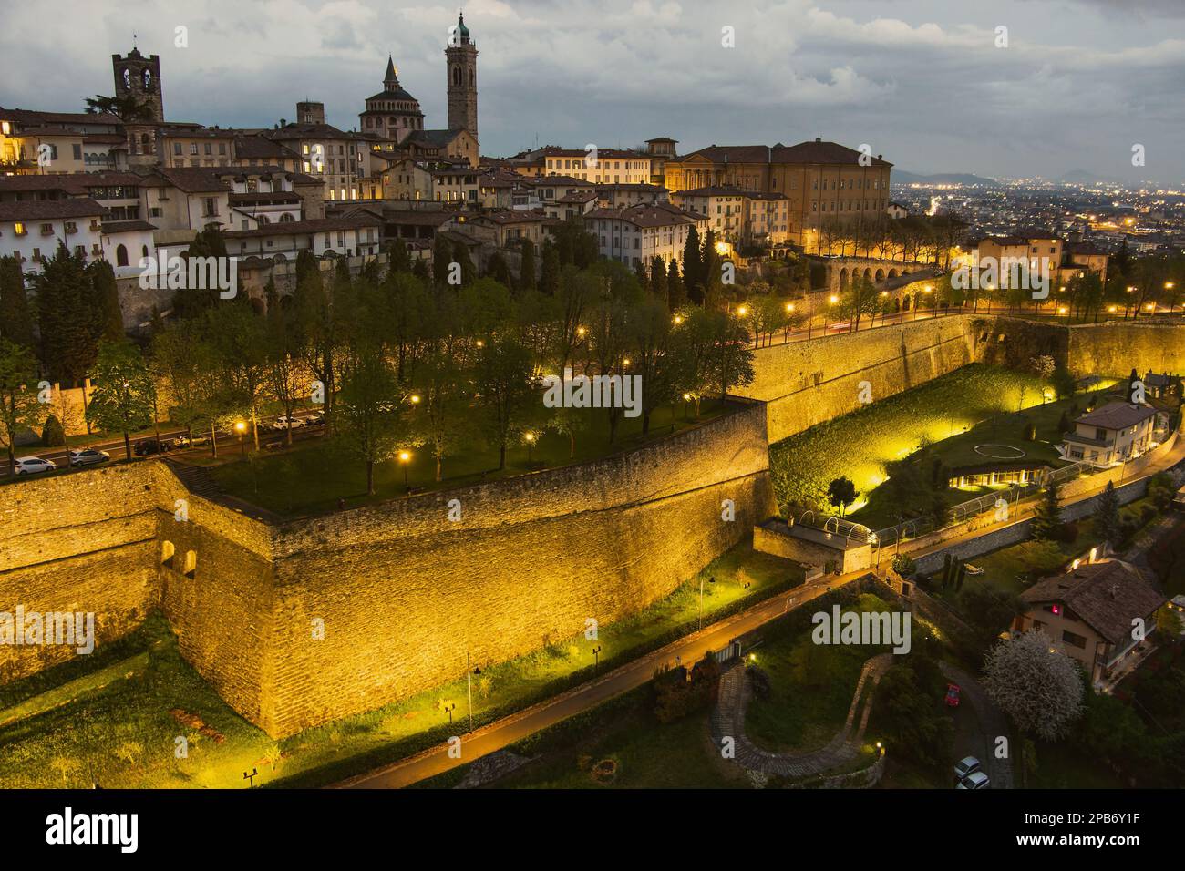 Scenic aerial view of Bergamo city northeast of Milan, on cloudy ...