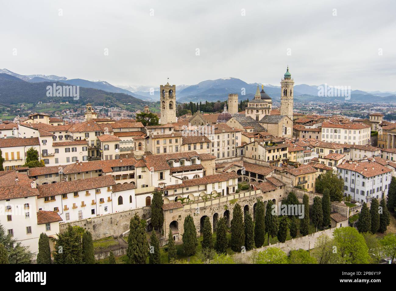 Scenic aerial view of Bergamo city northeast of Milan. Flying over ...