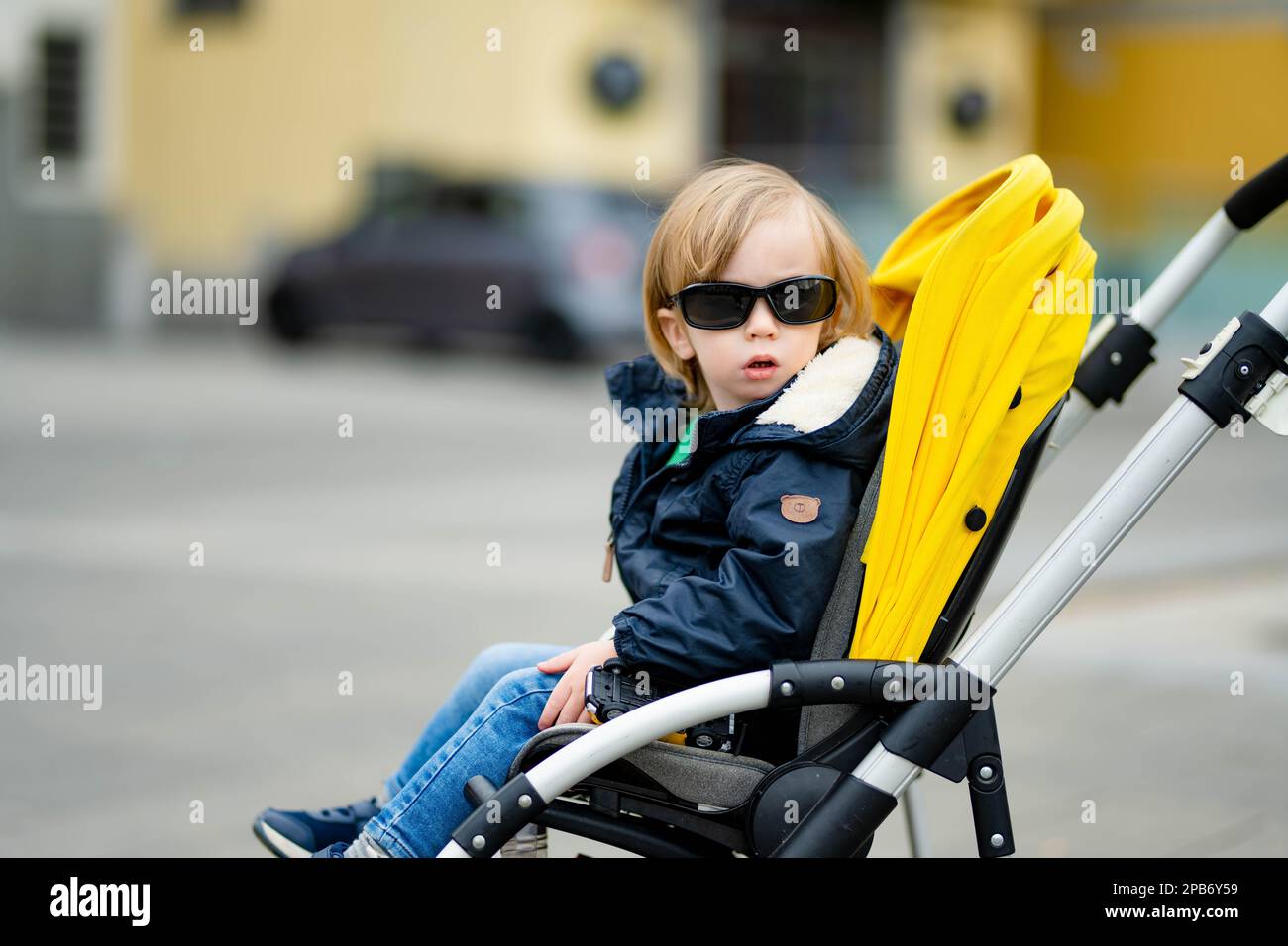 Sweet toddler boy sitting in a stroller outdoors. Little child in pram ...