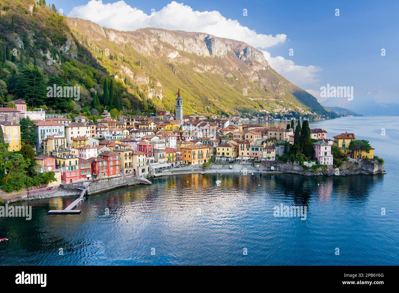 Beautiful aerial waterfront cityscape of Varenna, one of the most ...