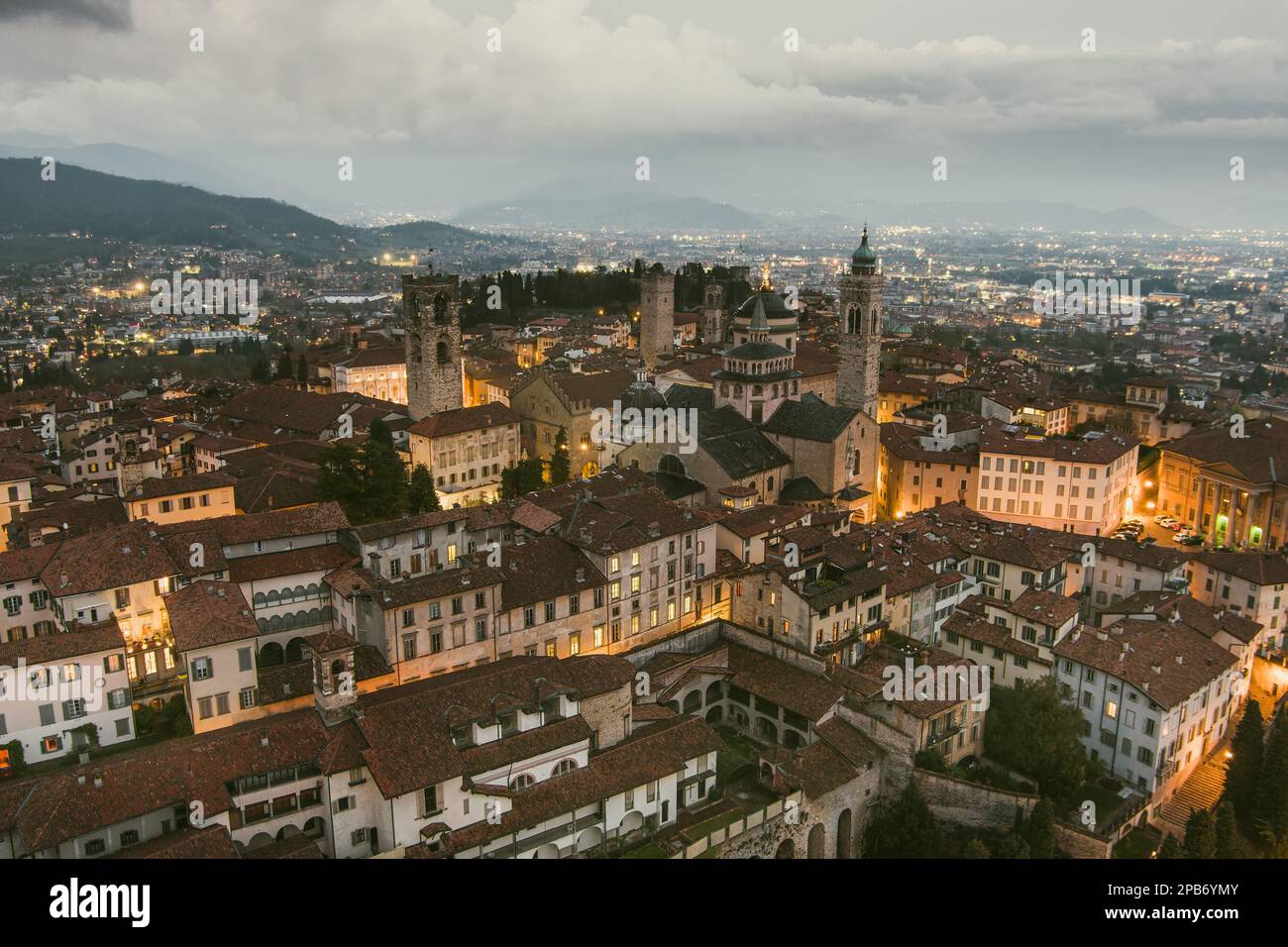 Scenic aerial view of Bergamo city northeast of Milan, on cloudy ...